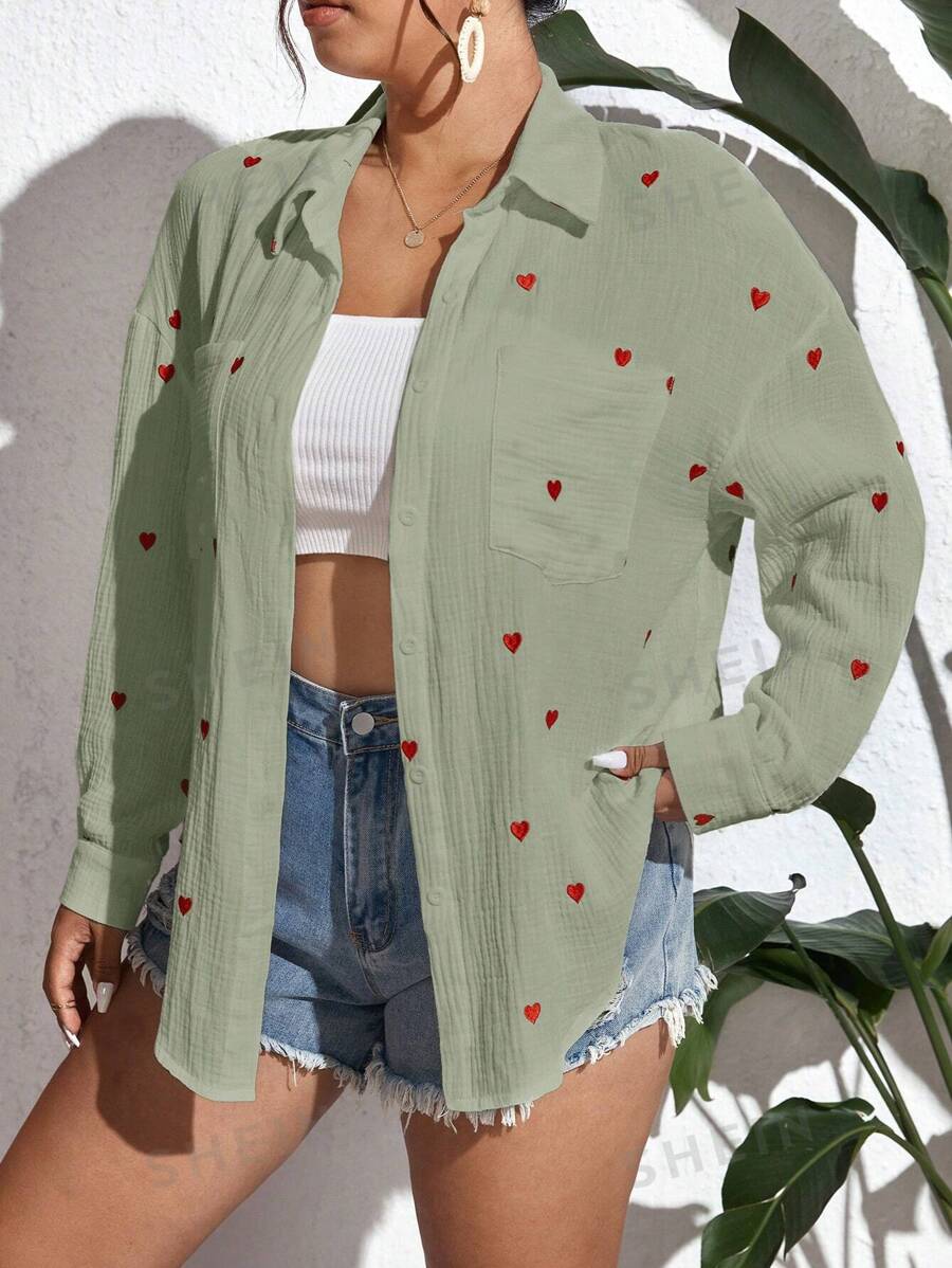 Shein Frenchy Plus Size Heart Embroidery Button Down Shirt With Texture