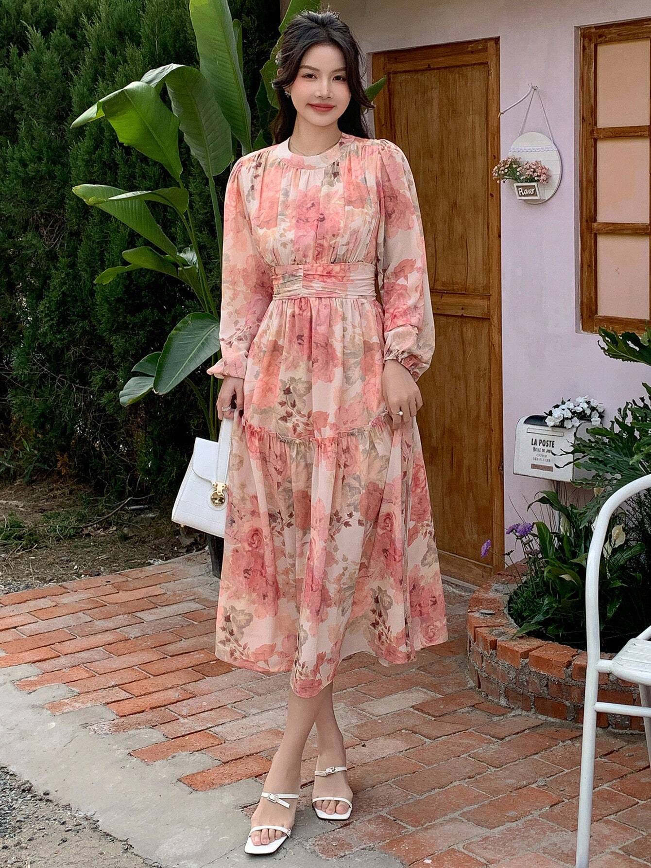 DAZY Women's Floral Printed Lantern Sleeve Belted Spring Casual Dress ...