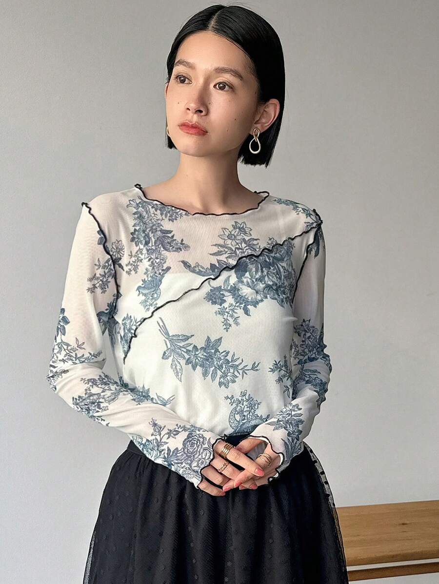FRIFUL Women's Sheer Mesh Floral Printed Stitching Detail Long Sleeve ...