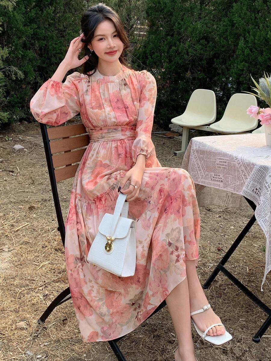 DAZY Women's Floral Printed Lantern Sleeve Belted Spring Casual Dress ...