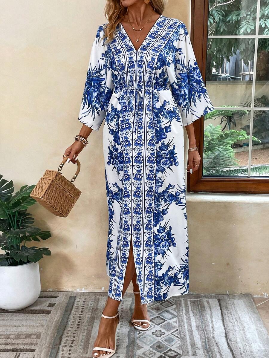 Breezaya Vrouwen Diepe V-hals Bloemenprint Taille-aanspannende Jurk Maxi Vakantie Strand Outfit ...