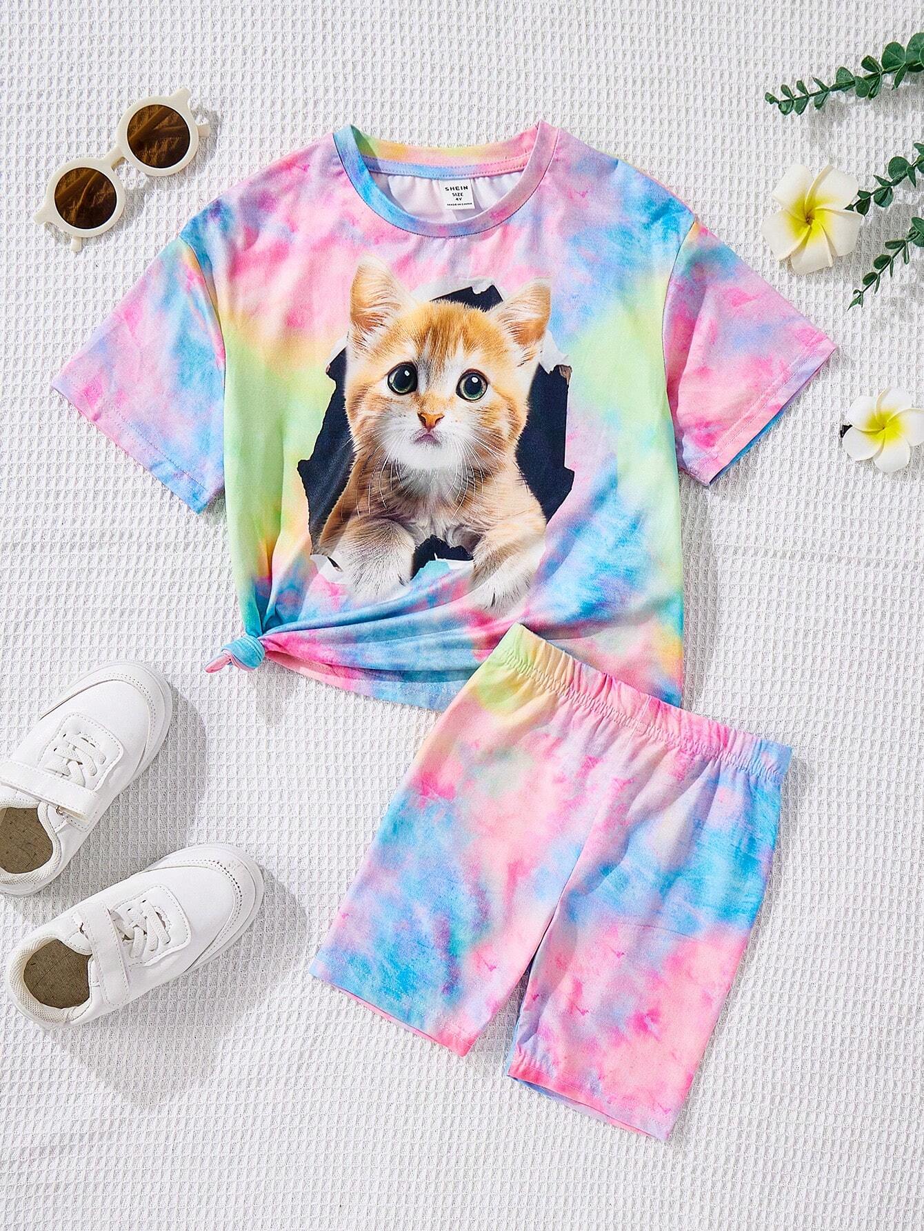 SHEIN Young Girl's Summer Loose Fit Knitted Tie Dye Cat Pattern Round Neck T-Shirt With Knitted ...