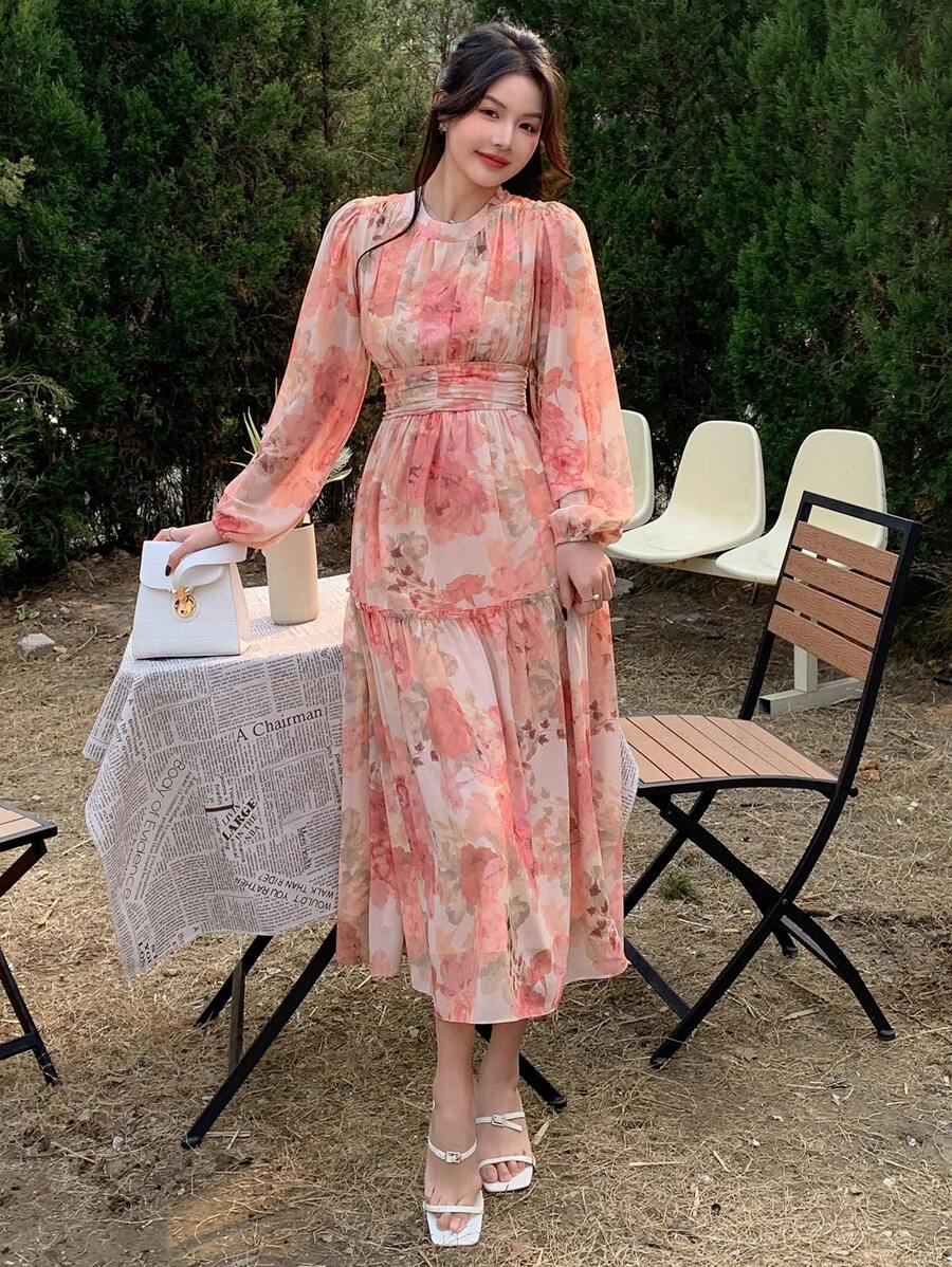 DAZY Women's Floral Printed Lantern Sleeve Belted Spring Casual Dress | SHEIN USA