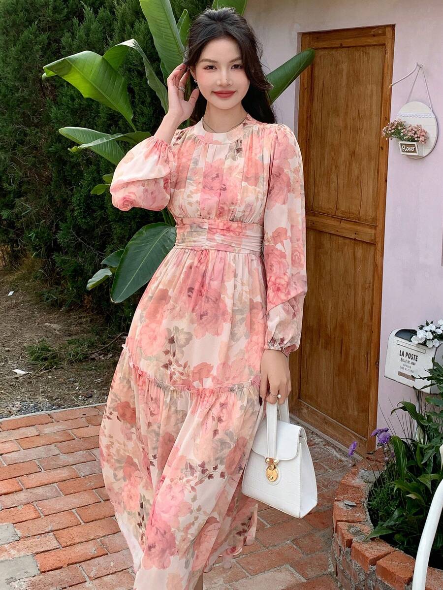 DAZY Women's Floral Printed Lantern Sleeve Belted Spring Casual Dress | SHEIN USA