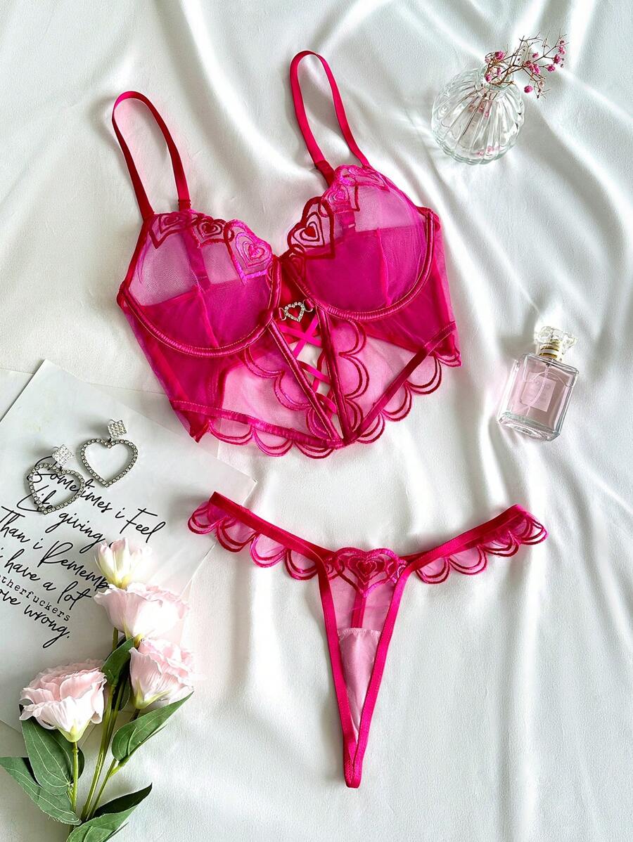 Embroidered Mesh Bra & Panty Lingerie Set With Spaghetti Strap | SHEIN USA