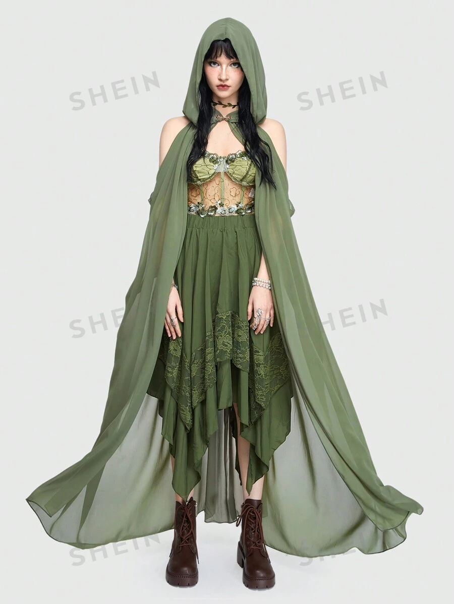 ROMWE Fairycore Women's Vintage Hooded Cape Coat, Forest Elf Queen ...