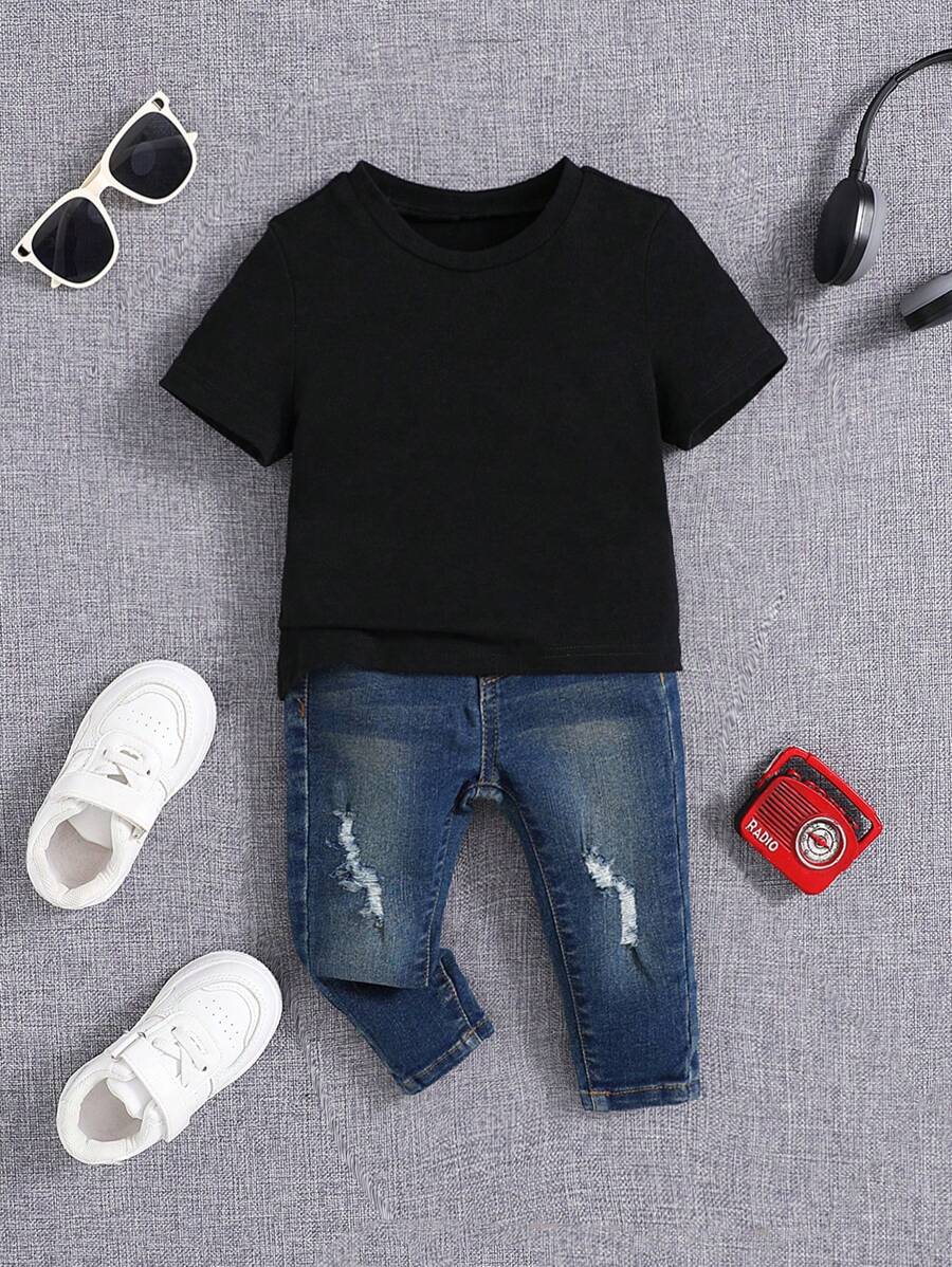 SHEIN Baby Boy Spring Summer Causal Short Sleeve Tee With Ripped Denim ...