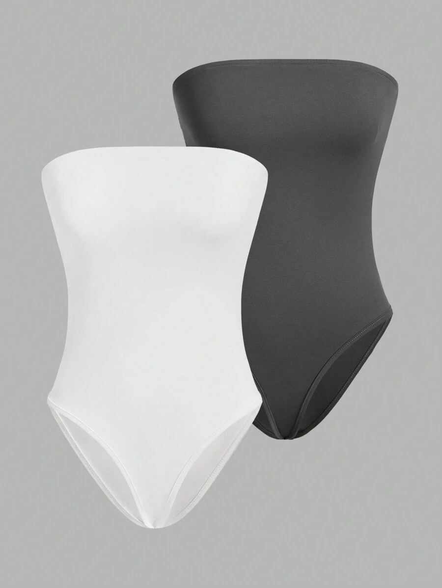 SHEIN EZwear 2pcs/Set Solid Color Strapless Shapewear Bodysuit Seamless ...