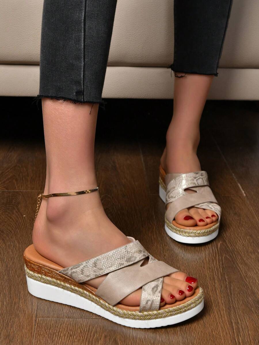 Women Straw Weave Platform Slides With Toe Loop And Wedge Heel, Stylish ...