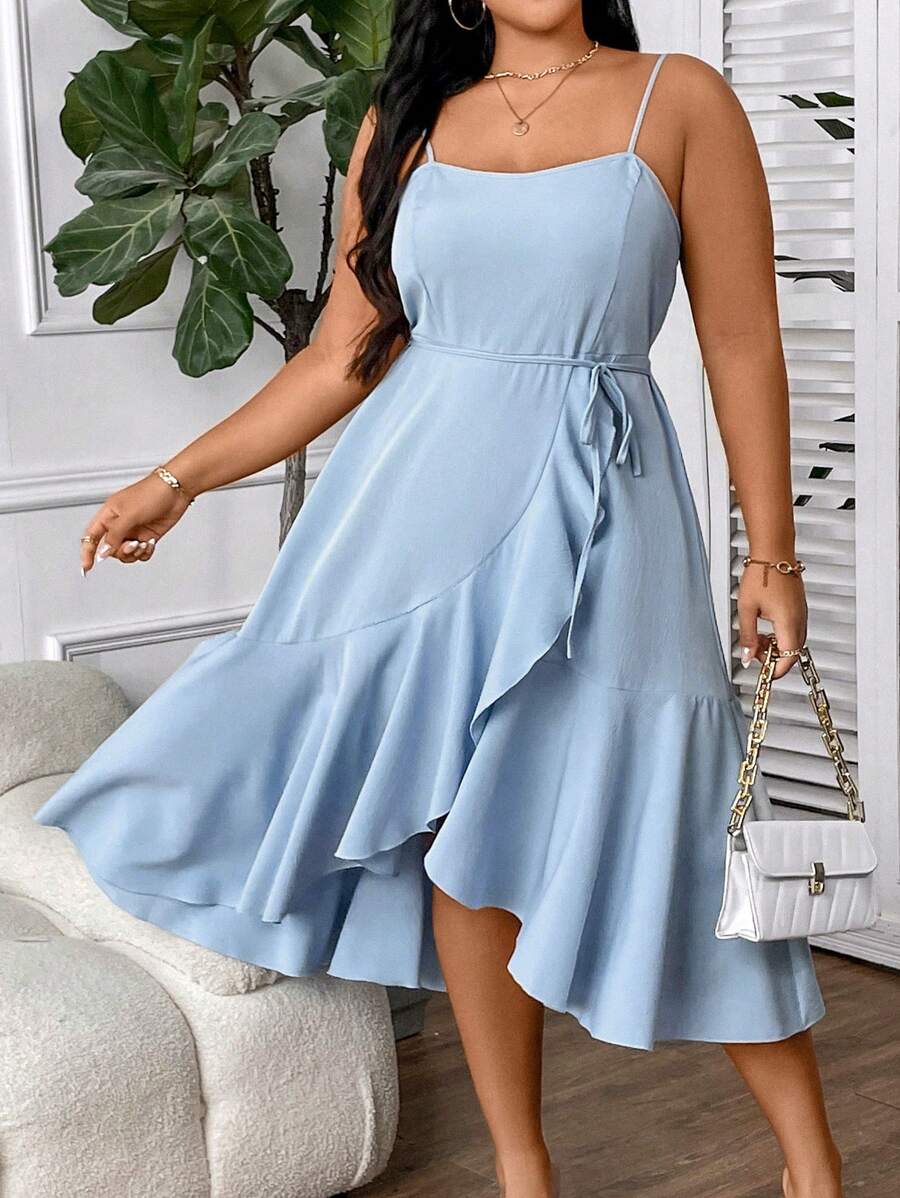 SHEIN Privé Plus Size Solid Color Wrapping Halter Dress With Ruffle Hem ...