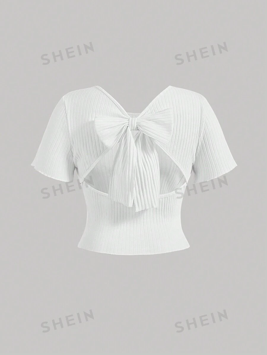 SHEIN MOD พลัสขนาดผู้หญิงฤดูร้อนนุ่มโบว์ปมเปิดหลังเสื้อยืดแขนสั้น ...
