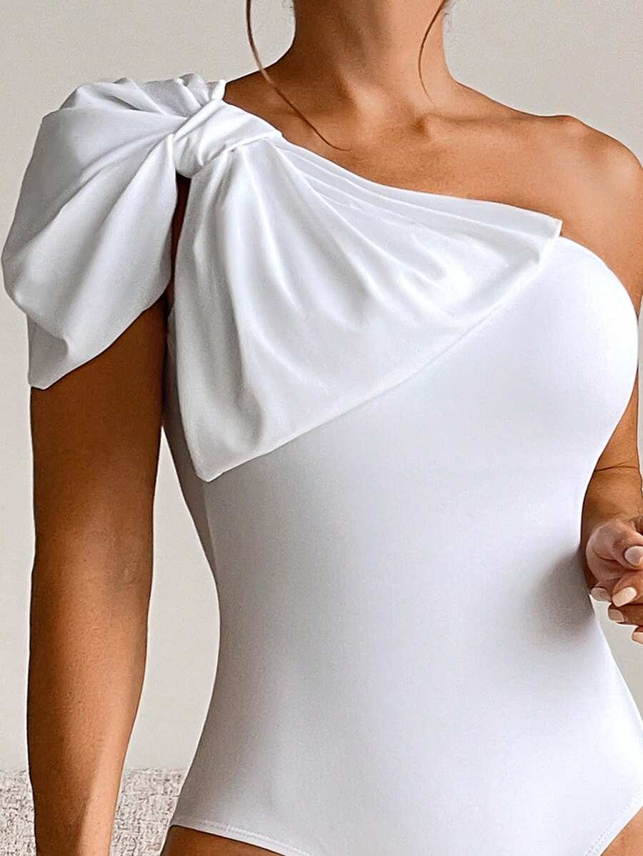 SHEIN Swim Summer Beach Simple One Shoulder One-Piece Swimsuit With Bow ...