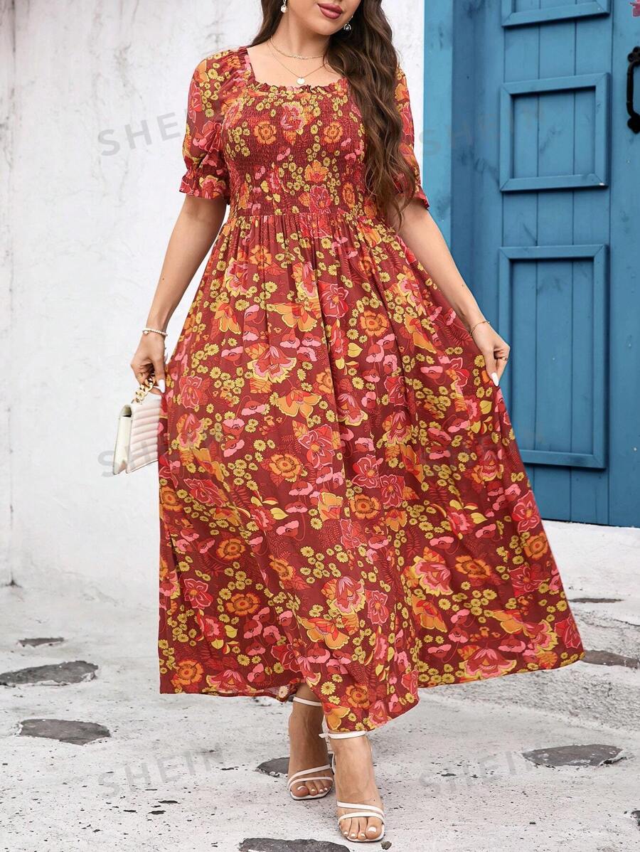 SHEIN Clasi Vestido Plus Size com Decote Quadrado Estampado e Manga com ...