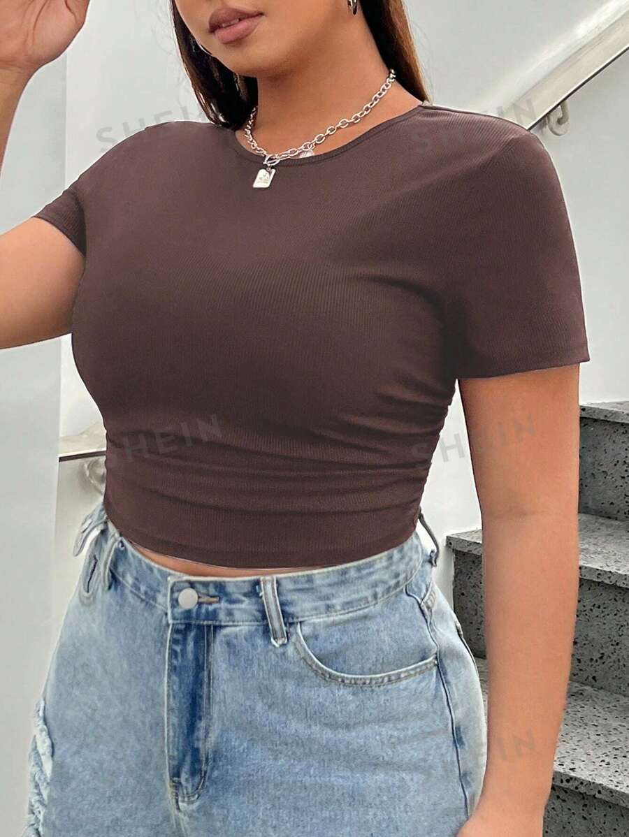SHEIN EZwear Plus Size Monochrome Rib-Knit Ruched Slim Fit T-Shirt | SHEIN UK
