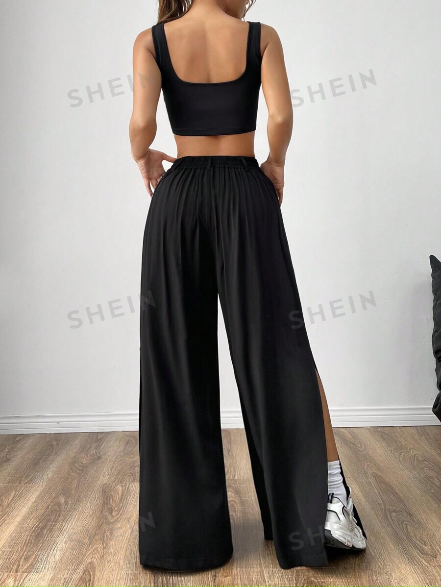 SHEIN EZwear Music Festival Style Flowy High Slit Wide Leg Pants And ...
