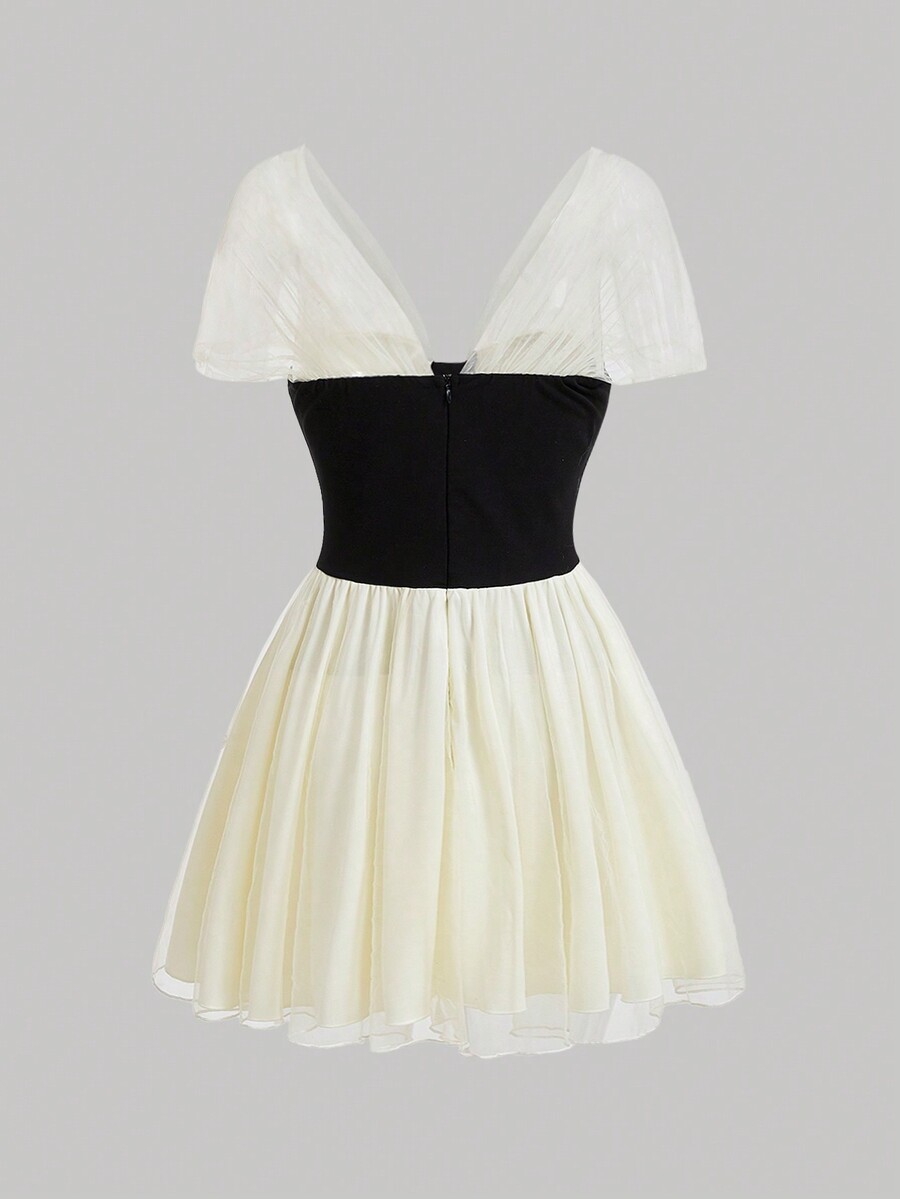 Aveloria Rosie Mesh Color Block Bow Lace-Up Waist Short Dress | SHEIN UK