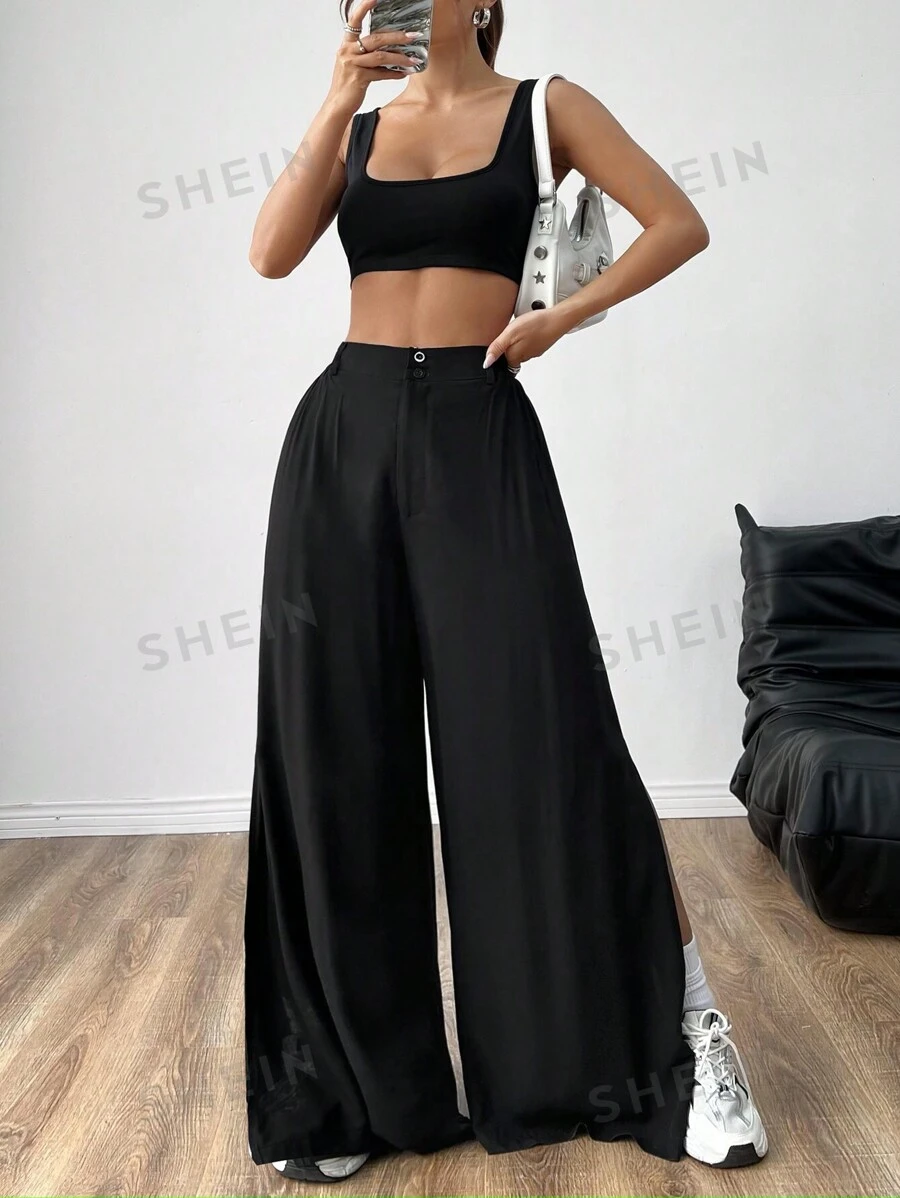 SHEIN EZwear Music Festival Style Flowy High Slit Wide Leg Pants And ...