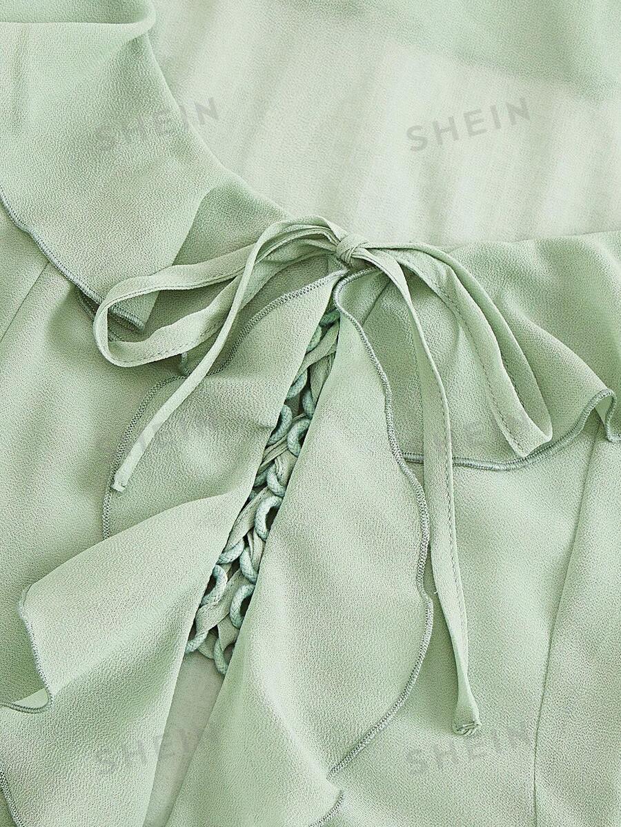 SHEIN Privé Women's Green Irregular Ruffle Placket Romantic Vacation ...