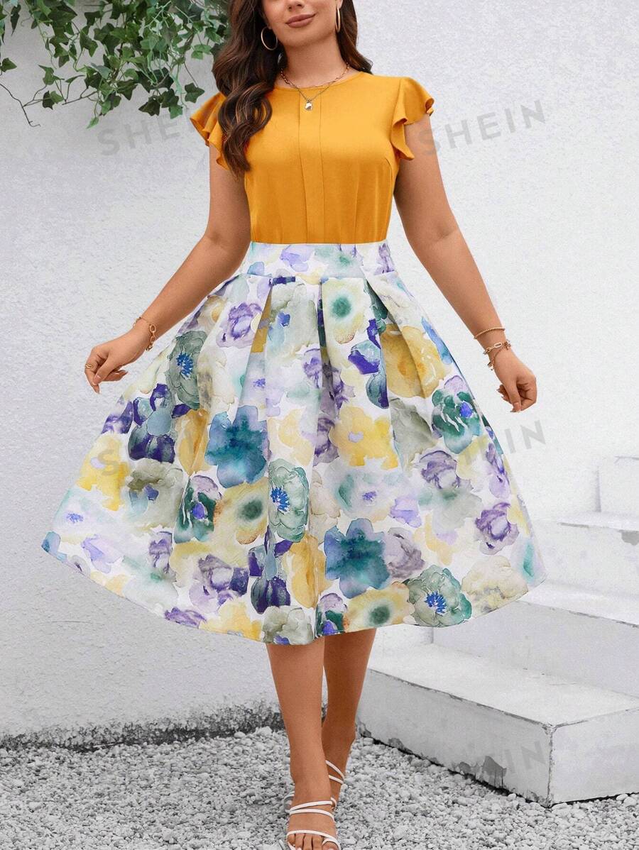 Shein Clasi Plus Size Ruffle Armhole Top And Floral Fold Pleated Skirt
