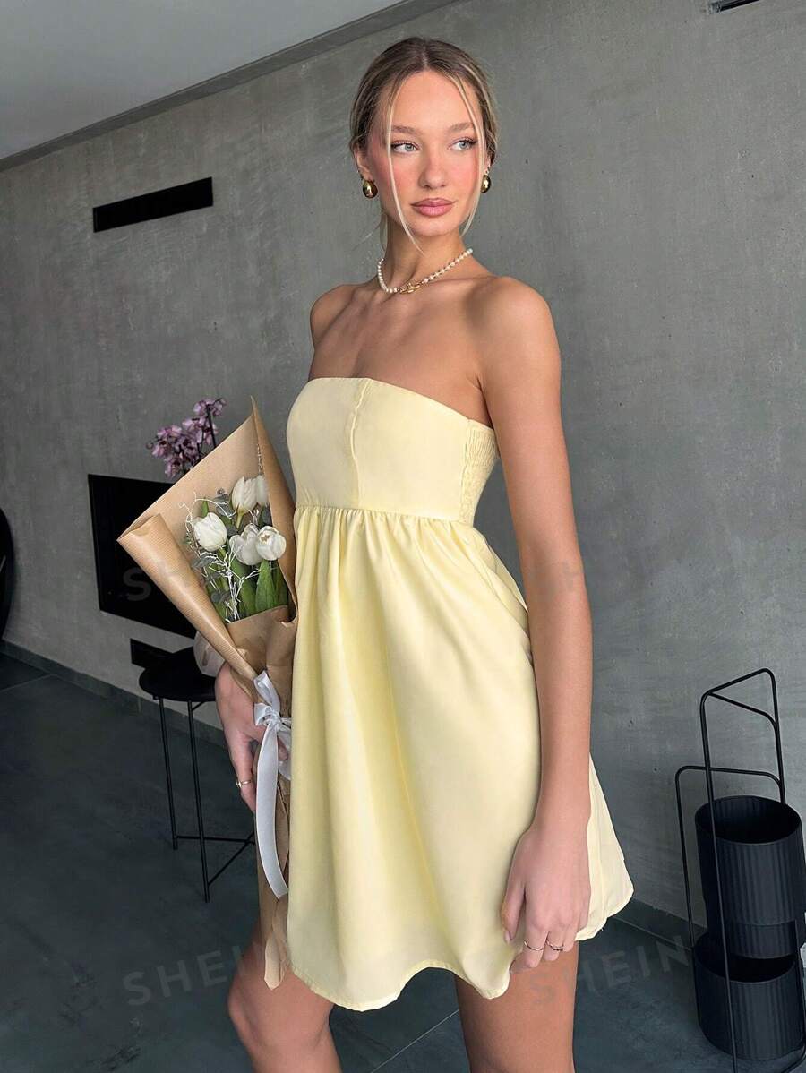 SHEIN EZwear OSMENT STRAPLESS MINI DRESS LEMON | SHEIN USA