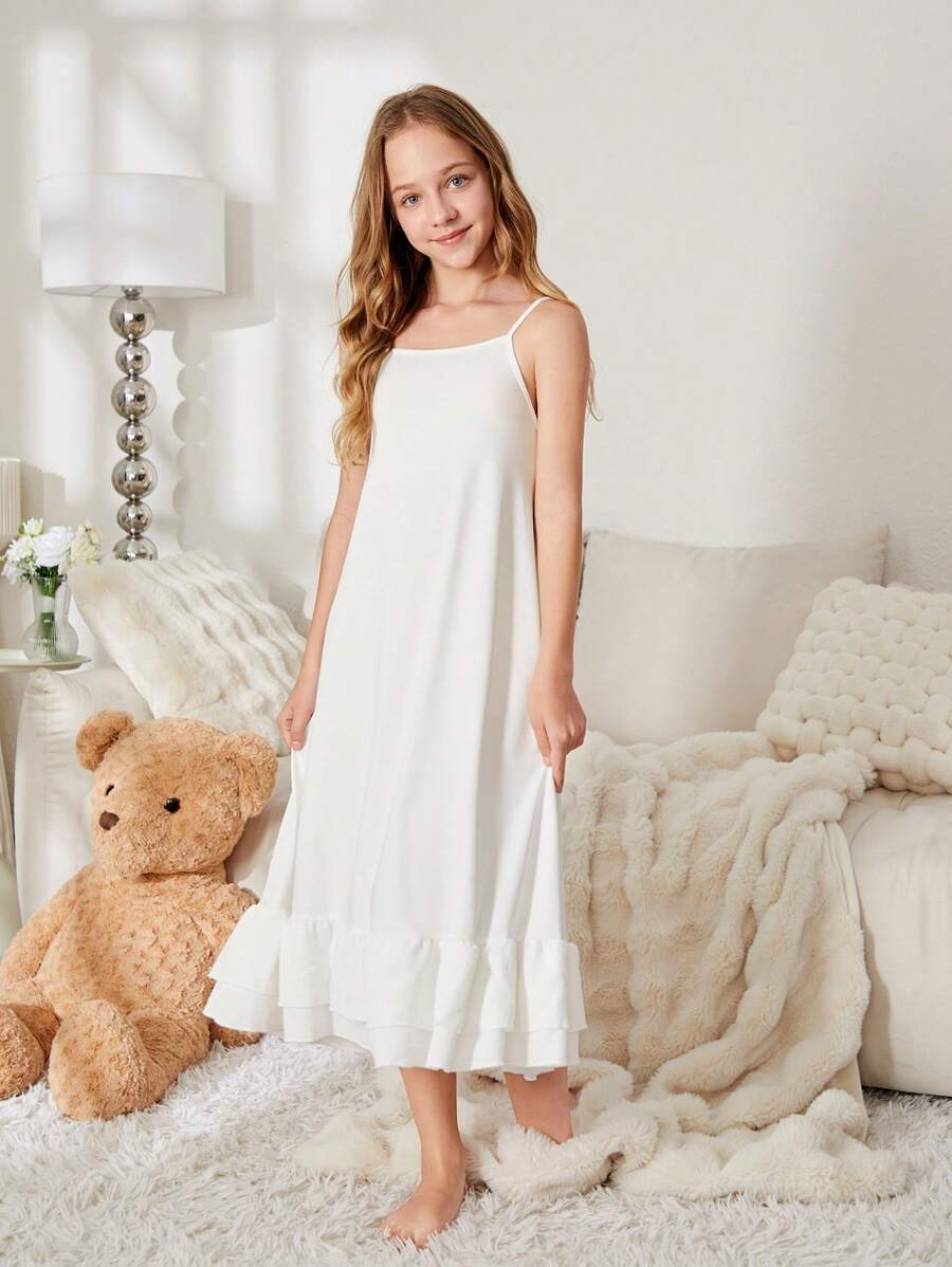 Tween Girls' Simple And Elegant Plain Bubble Sleeve Sleep Dress With ...