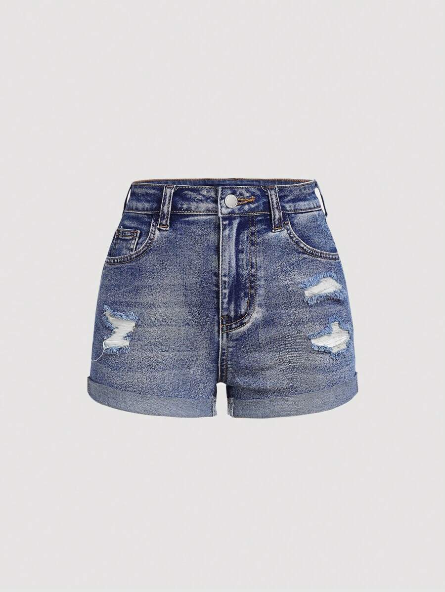 SHEIN Tween Girl Spring Summer Boho Stonewashed Casual Ripped Roll Up ...