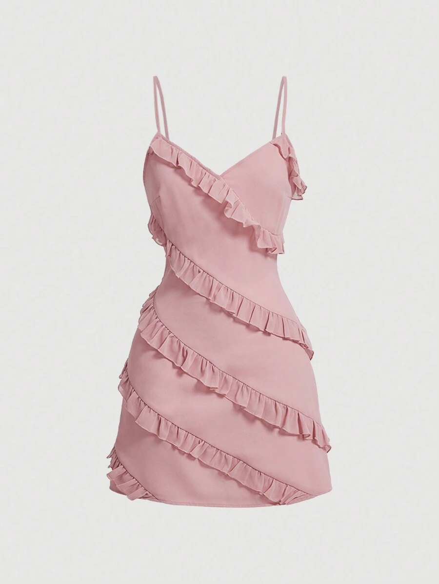 SHEIN MOD Women's Fashionable Pink Ruffle Trimmed Strappy Dress For ...