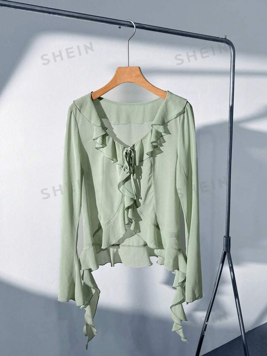 SHEIN Privé Women's Green Asymmetrical Ruffle Placket Romantic Vacation Extra-Long Sleeves Shirt ...