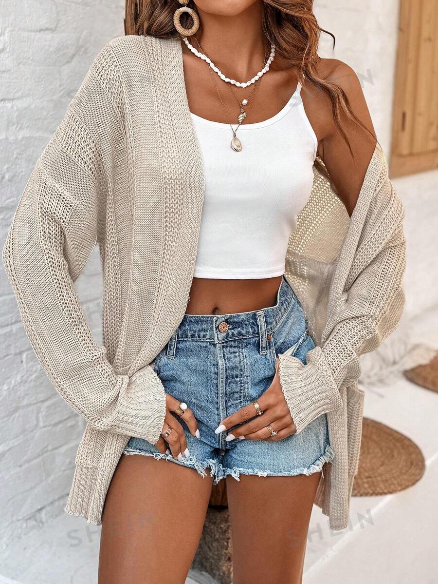 SHEIN LUNE Women's Solid Color Drop Shoulder Cardigan With Double ...