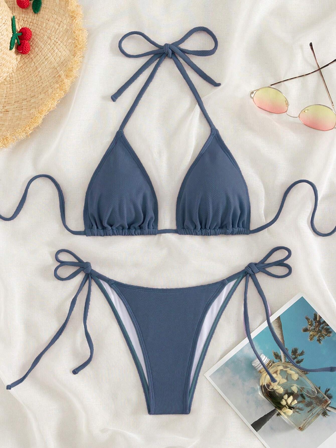 SHEIN Swim Basics Solid Color Summer Beach Halter Neck Two Piece ...