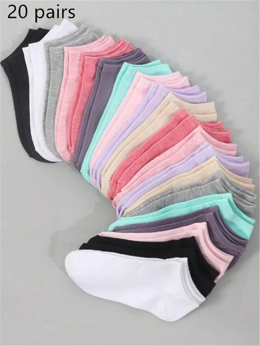 20 Pairs Solid Color Simple Casual Short Socks | SHEIN USA