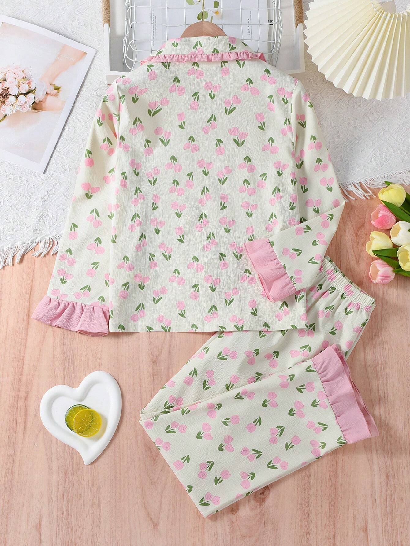 Tween Girls' Elegant Homewear Set With Light Purple & Champagne Floral ...