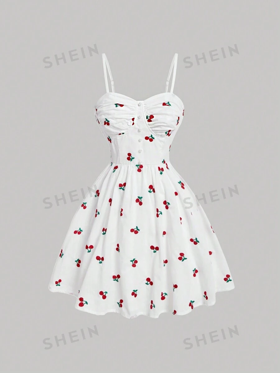 SHEIN MOD Cherry Embroidery Spaghetti Strap Dress | SHEIN UK