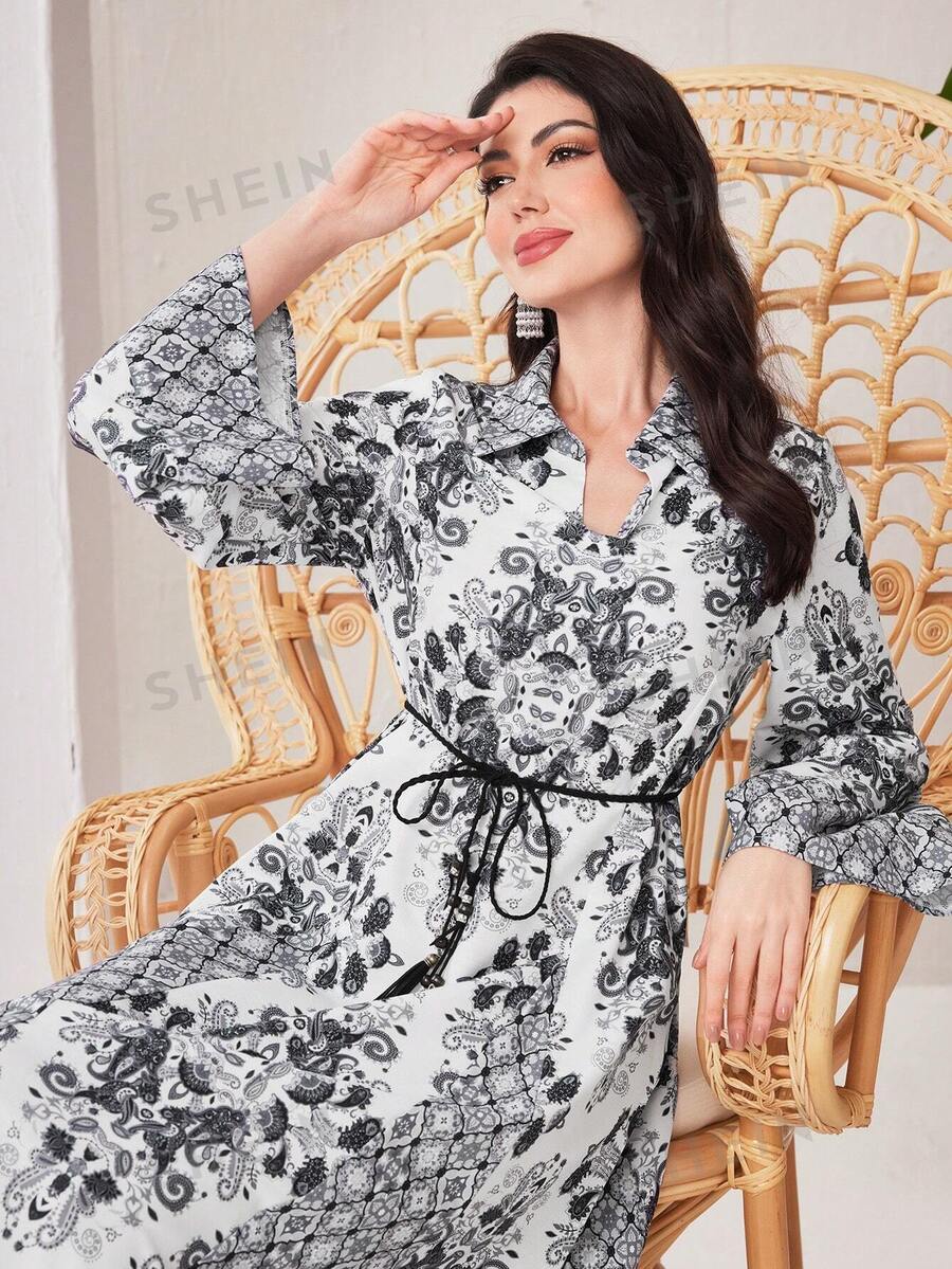 SHEIN Najma Vestido árabe con mangas acampanadas con cinturón y ...