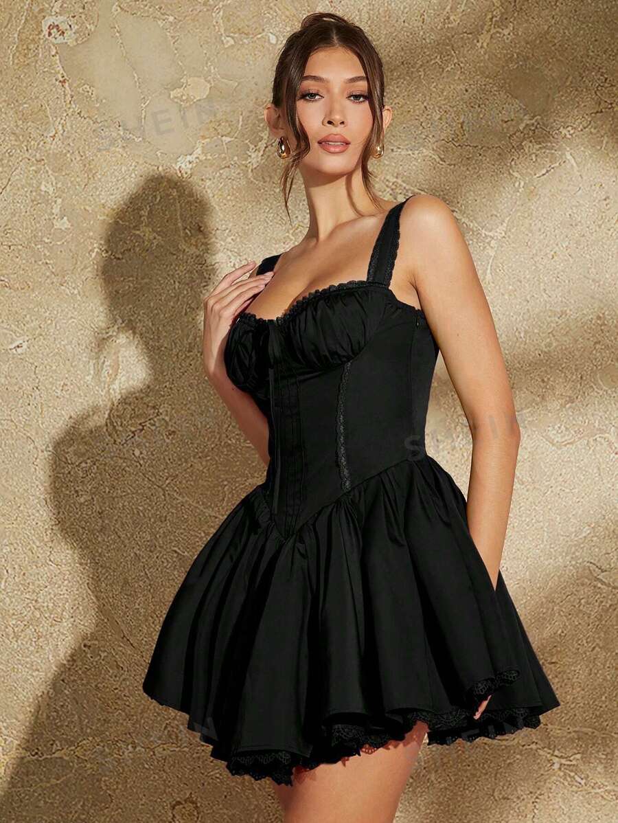 SHEIN BAE Summer Short Puff Sleeve Lace Splice Pleated Mini Dress ...