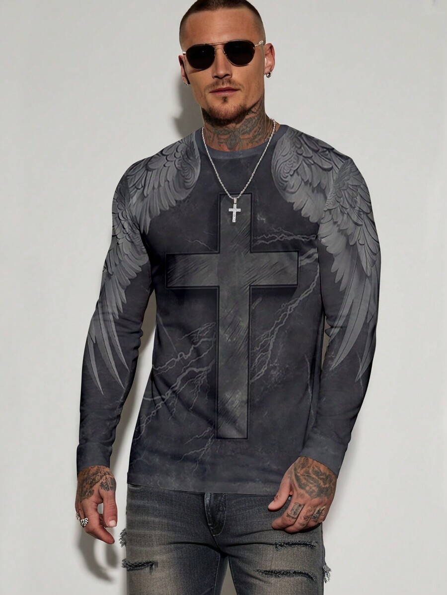 Manfinity LEGND Men's Spring Casual Cross & Wing Printed Long Sleeve T ...