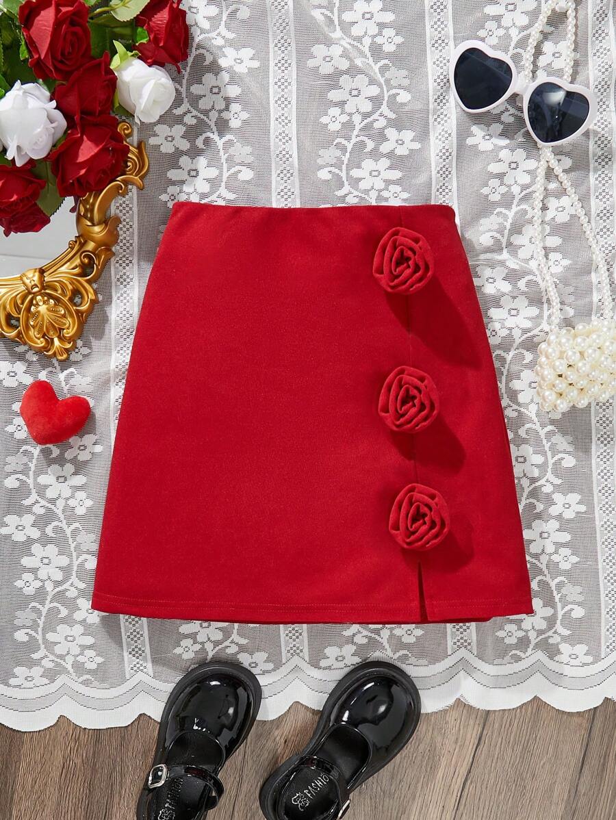 SHEIN Tween Girl Cute Solid Color Short Skirt With Split Hem And 3d ...