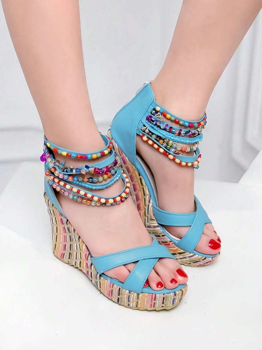 Women's Elegant Bohemian Style Wedge Heel Beaded Platform Water ...