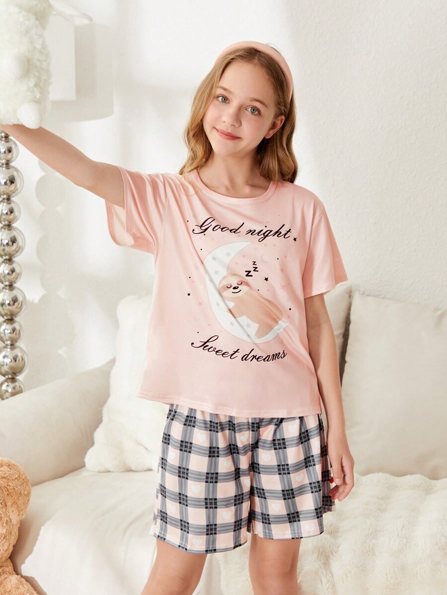 Tween Girl Simple Heart Moon Lazy Cute Printed Short Pants And Top Set ...