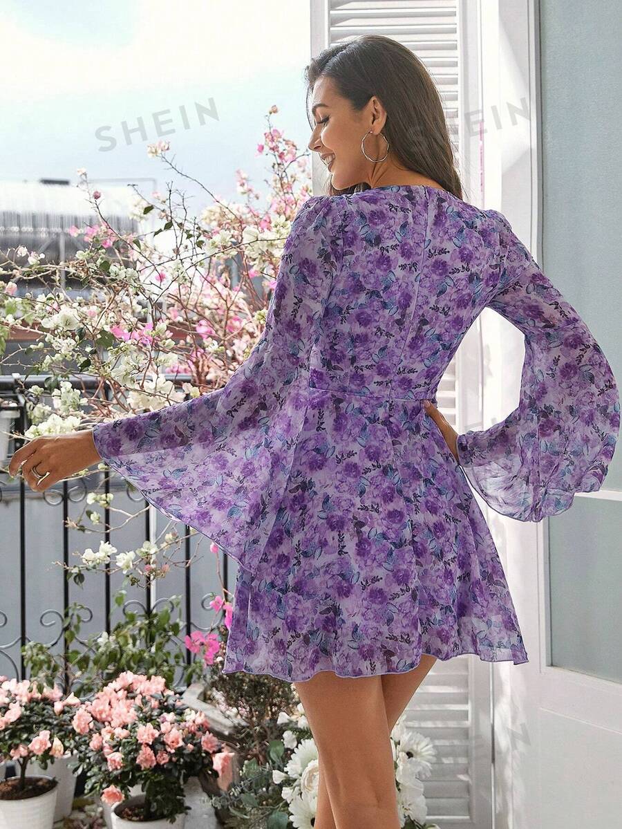Double Crazy Floral Print Flounce Sleeve Plunging Neck Flared-hem Dress ...