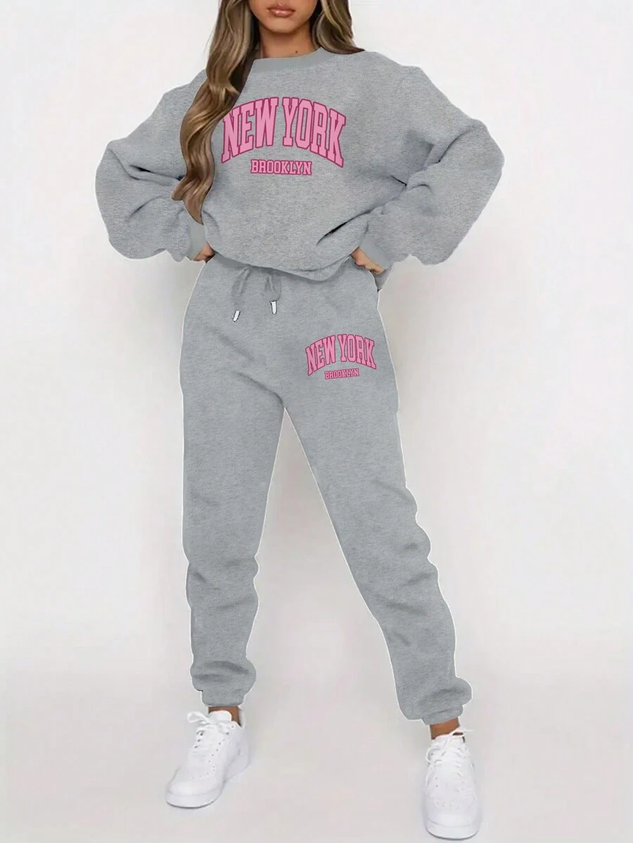 INAWLY Women's Letter Printed Fleece Sweatshirt And Sweatpants Set ...