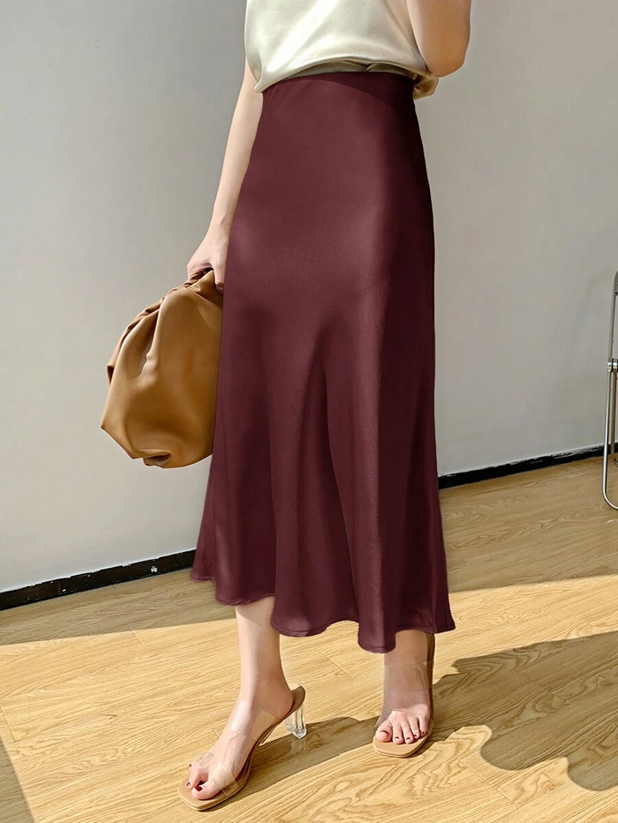 Wynsel Women's Solid Color Fish Tail Hem Elegant Midi Skirt | SHEIN USA