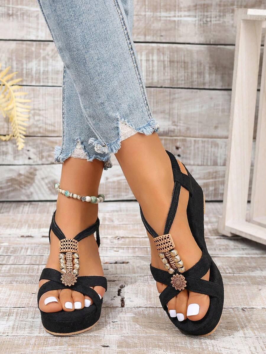 Women's Suede Cross Strap Platform Wedge Sandals With Beaded Heel Strap ...