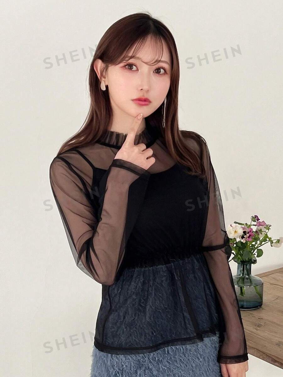 FRIFUL Designer Women's Sheer Mesh Long Sleeve Top With Simple Design ...