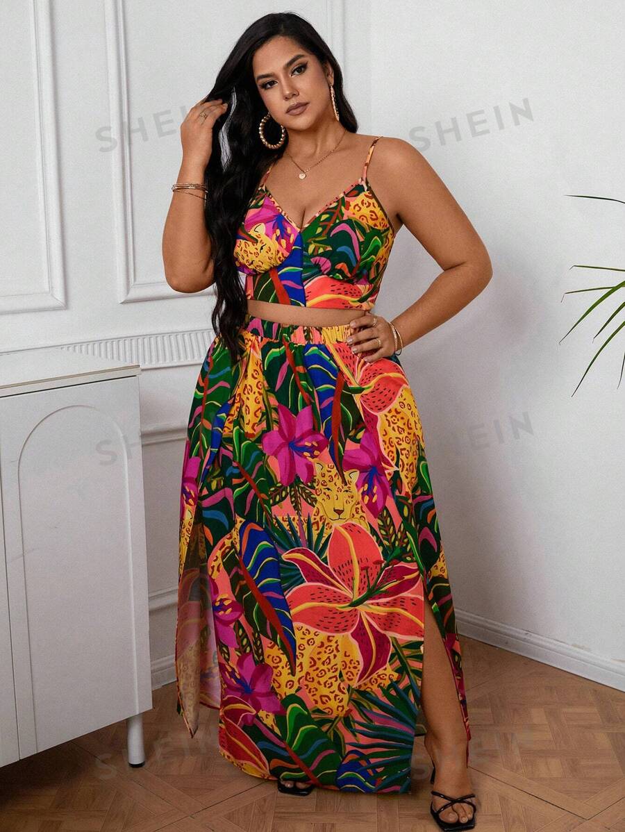 SHEIN VCAY Plus Size Tropical Plant & Leopard Print Cami Top With Skirt ...