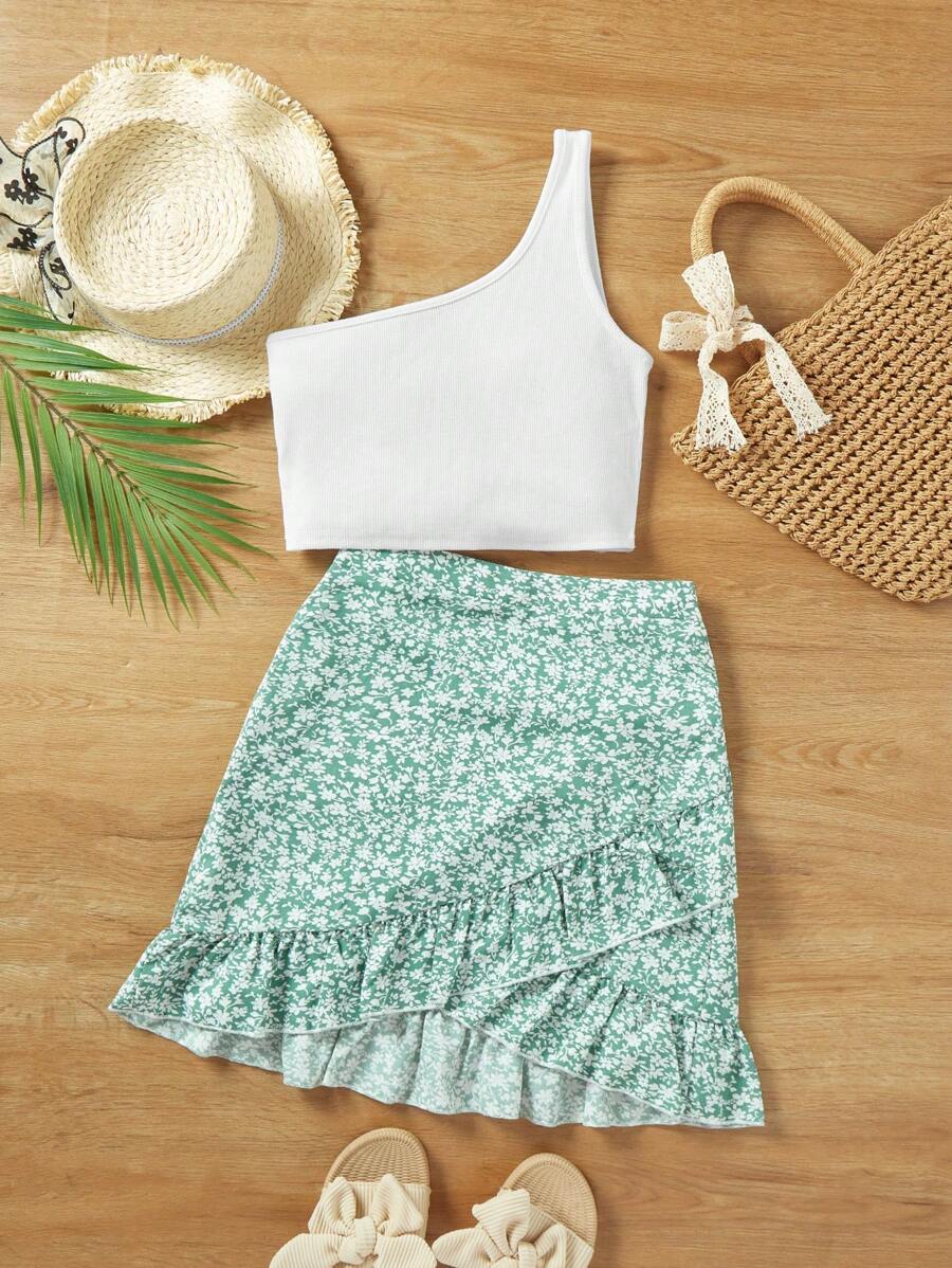 SHEIN Teen Girl Woven Floral Print Skirt And Solid Color One-Shoulder ...