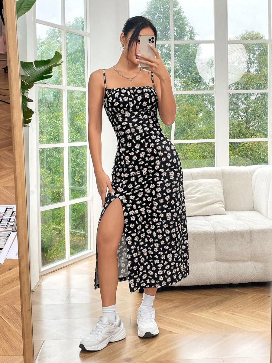 SHEIN EZwear Printed Knitted Spaghetti Strap Side-Slit Women's Vacation ...