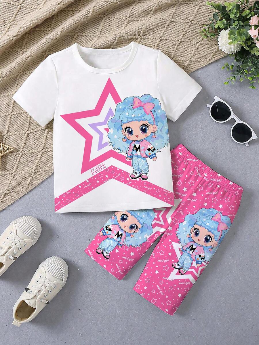 SHEIN Young Girl Cartoon Character & Star Printed Short Sleeve T-Shirt ...