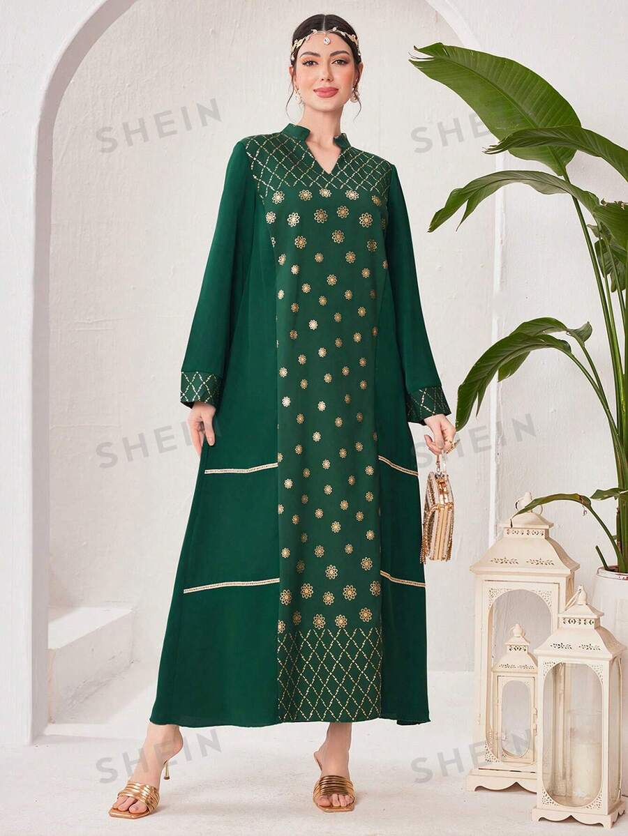 SHEIN Najma Robe arabe avec col cran et manches évasées, imprimé à ...