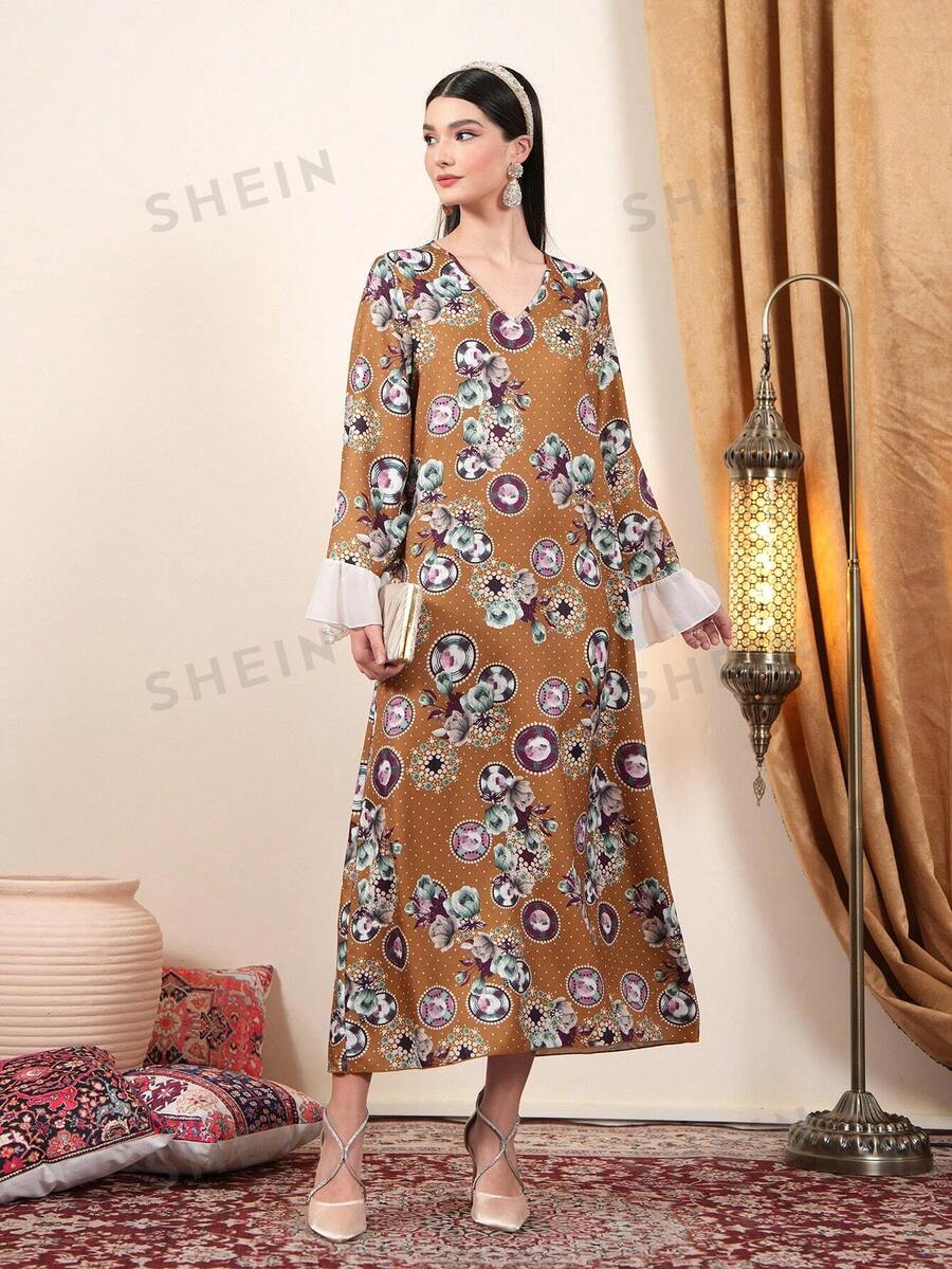 SHEIN Modely Robe arabe à col V imprimée sur tout le vêtement | Mode en ...